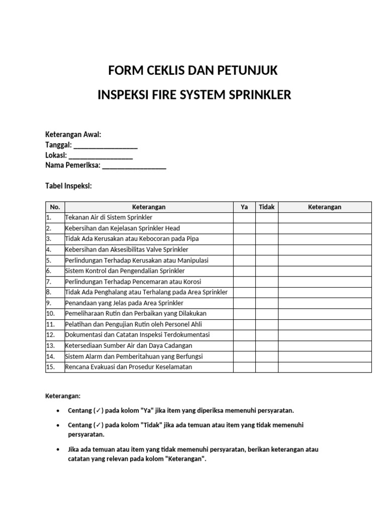 Form Ceklis Inspeksi Fire System Sprinkler | PDF
