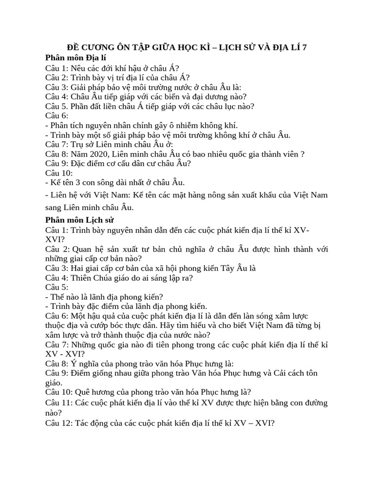 Đề Cương Ghk i - Lsđl 7 | PDF