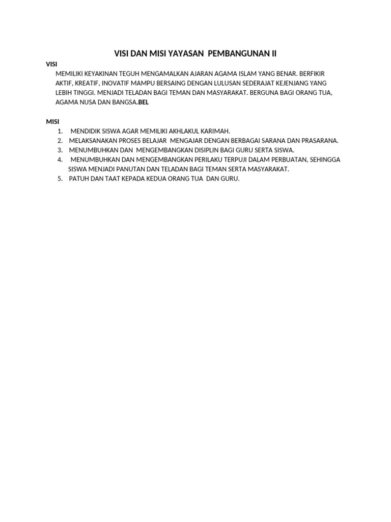 Visi Dan Misi Yayasan Pembangunan II | PDF