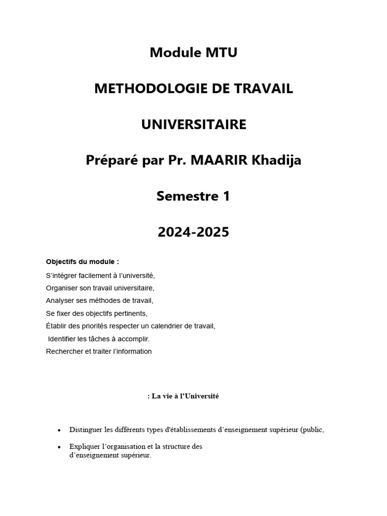 Méthodologie du Travail Universitaire S1 | PDF | Enseignement | Gestion ...