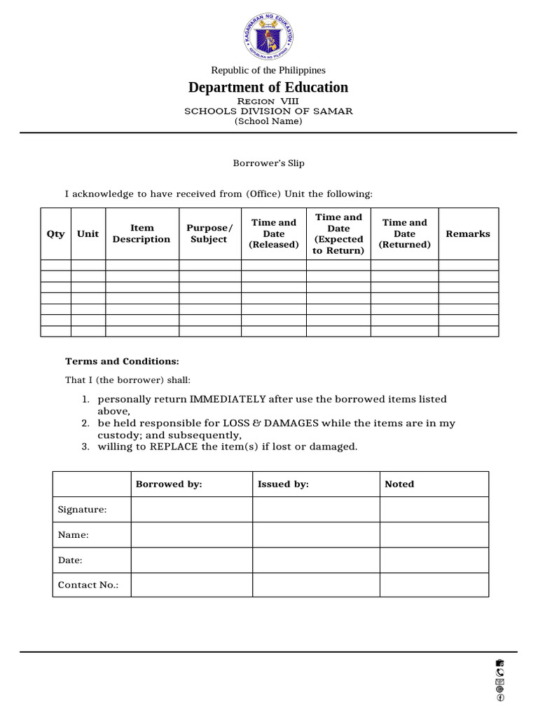 Borrower's Slip for School Items | PDF
