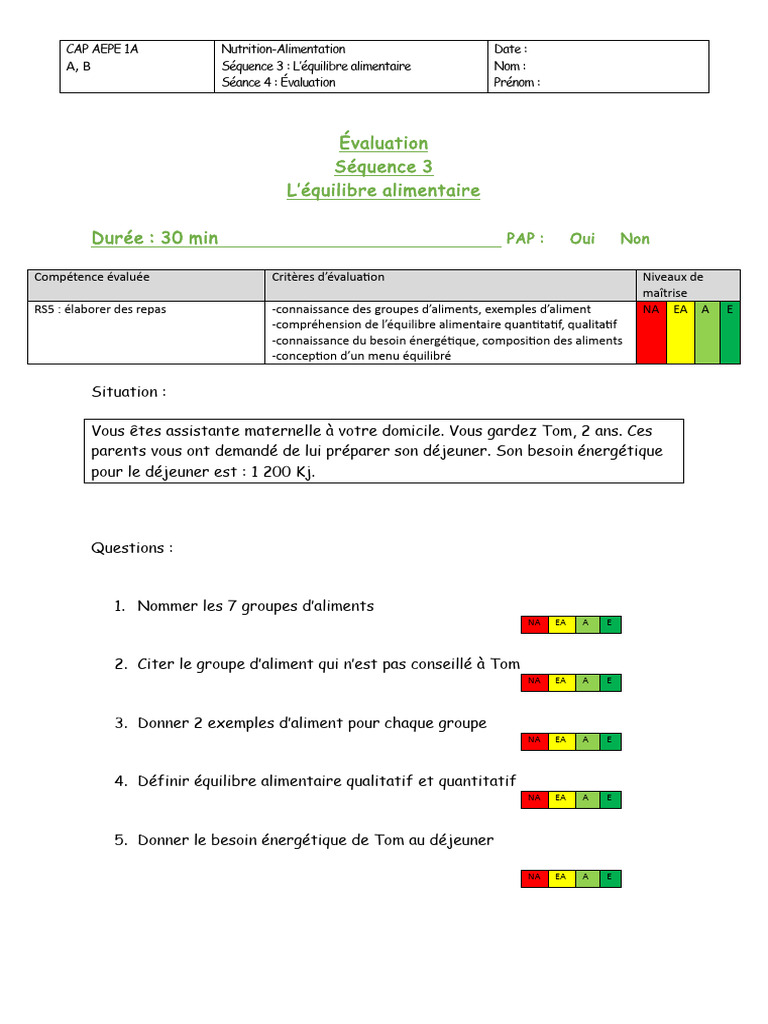 Évaluation sur l'équilibre alimentaire | PDF | Nourritures