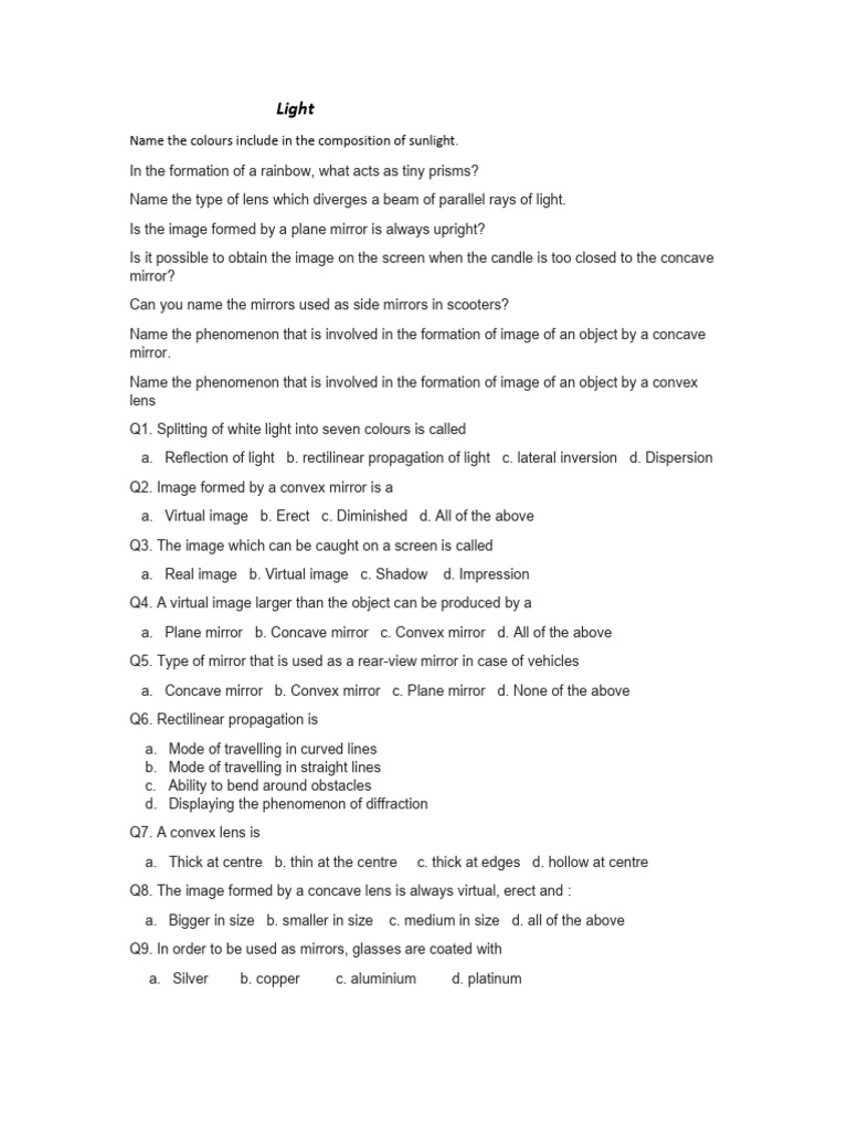 Class 7 Science Light and Transportation 01 | PDF | Mirror ...
