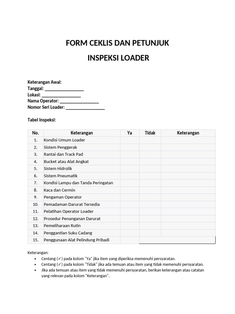 Form Ceklis Inspeksi Loader | PDF