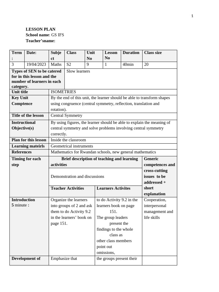 Isometries in Mathematics: Lesson Plans | PDF | Learning | Mathematics