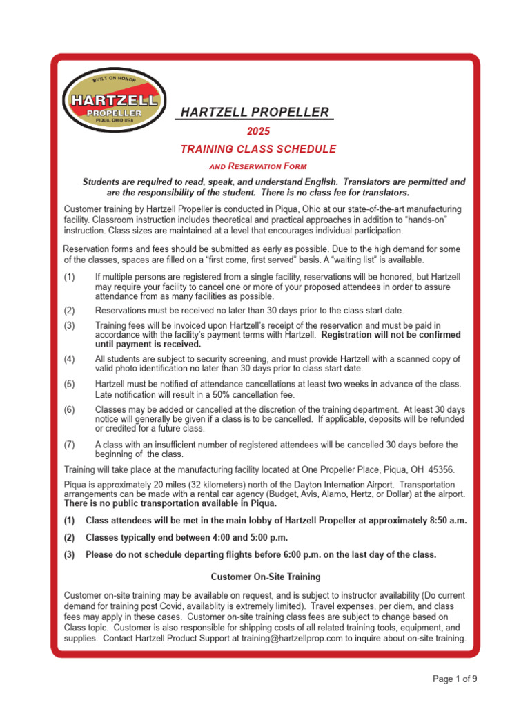 Hartzell 2025 Training Schedule | PDF | Credit Card | Propeller