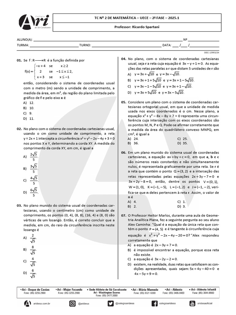 12993-24 - TC2 de Matemática - Uece - 2 Fase - 2025.1 - Spartani | PDF | Linha (Geometria ...