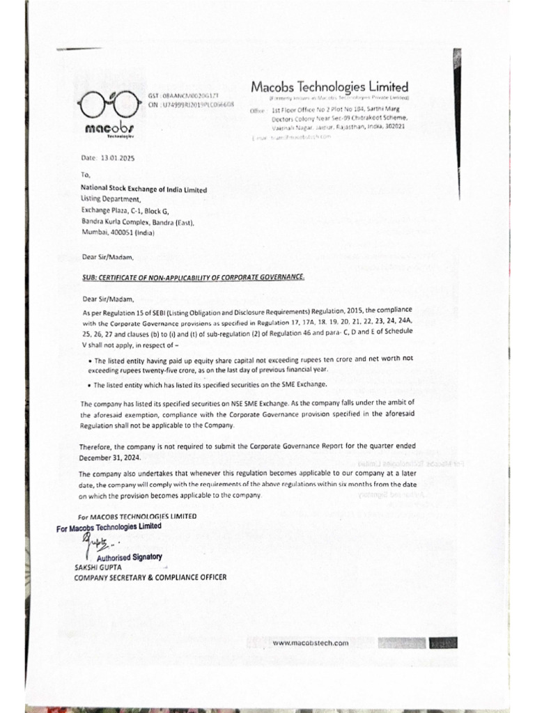 MACOBSTECH 14012025130702 Reg27 Non Applicability Certificate S | PDF