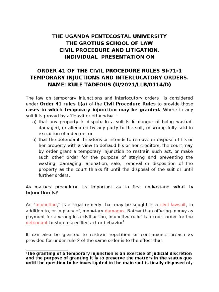 Uganda Civil Procedure: Injunctions Guide | PDF | Injunction | Lawsuit