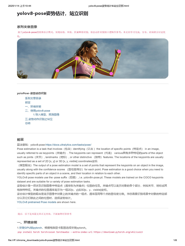 yolov8 pose姿势估计&站立识别 | PDF