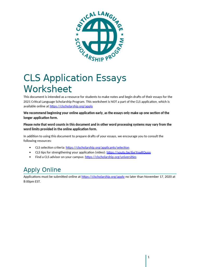 2021 CLS Application Essays Worksheet | PDF | Psychological Resilience ...