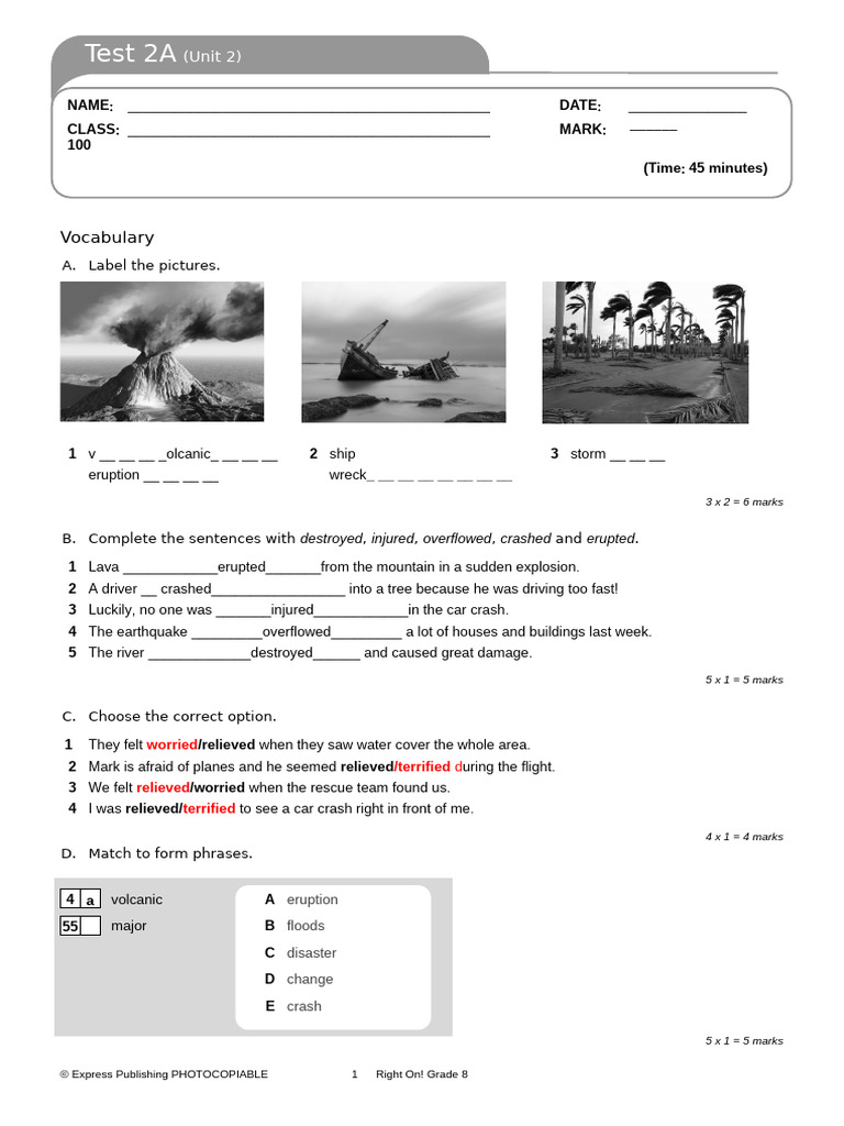07 Right On gr8 Test 2A Unit 2 | PDF | Types Of Volcanic Eruptions