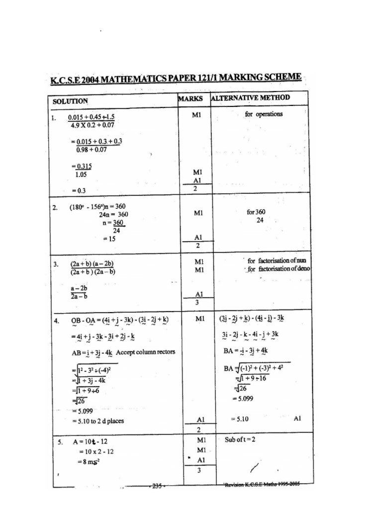 2004 Kcse Mathematics Paper 1 Answers 1 | PDF