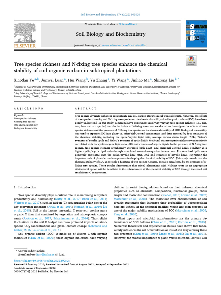 Tree Species Richness and N-fixing Tree Species Enhance the Chemical Stability of Soil Organic ...