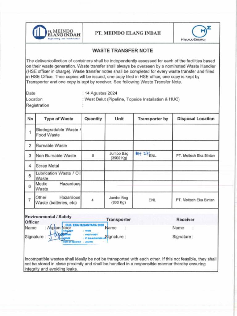 Waste Transfer Note EH 271 | PDF