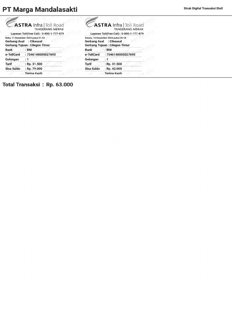 Struk Transaksi ASTRA Infra Toll Road - 204858 | PDF