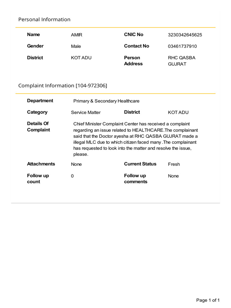 Personal Information: Name Cnic No Gender Contact No District Person ...