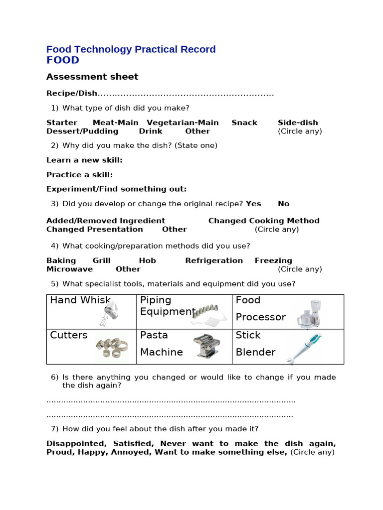 Food Practical Evaluation Sheet - Low | PDF