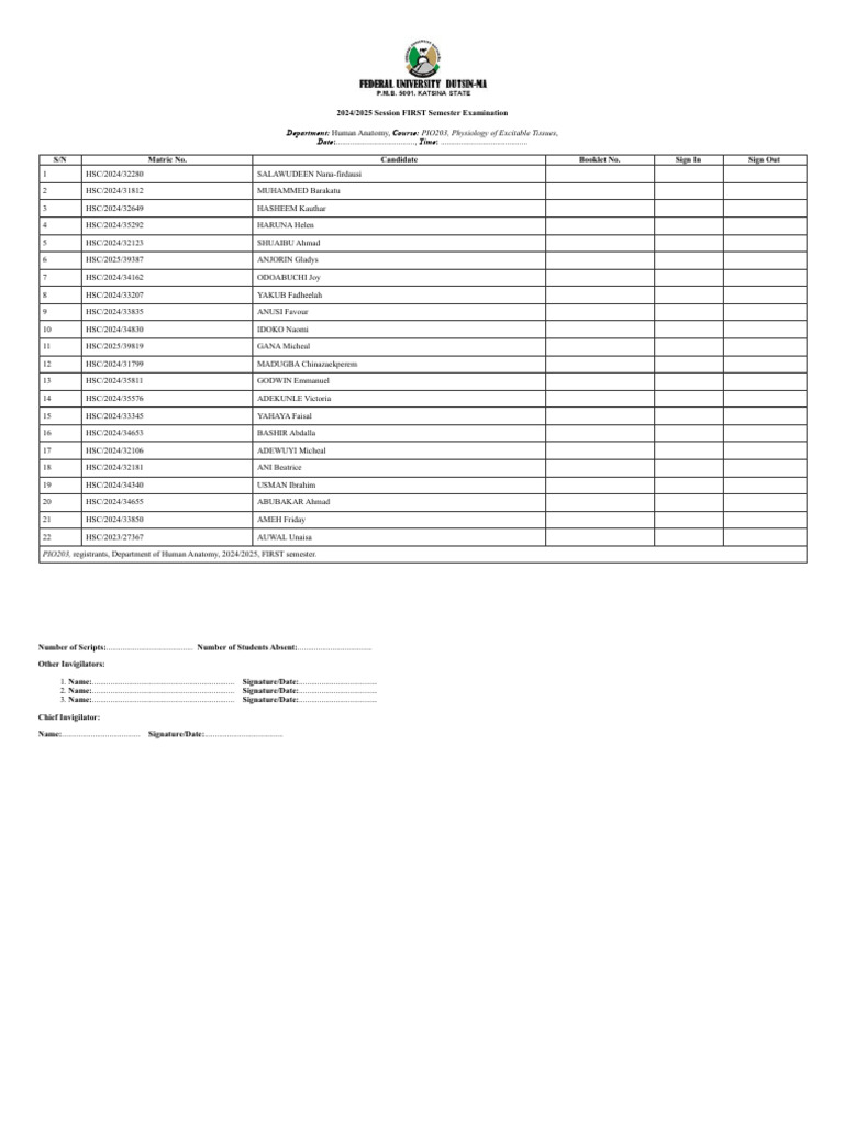 Exam Attendance Sheet PIO203 HA | PDF