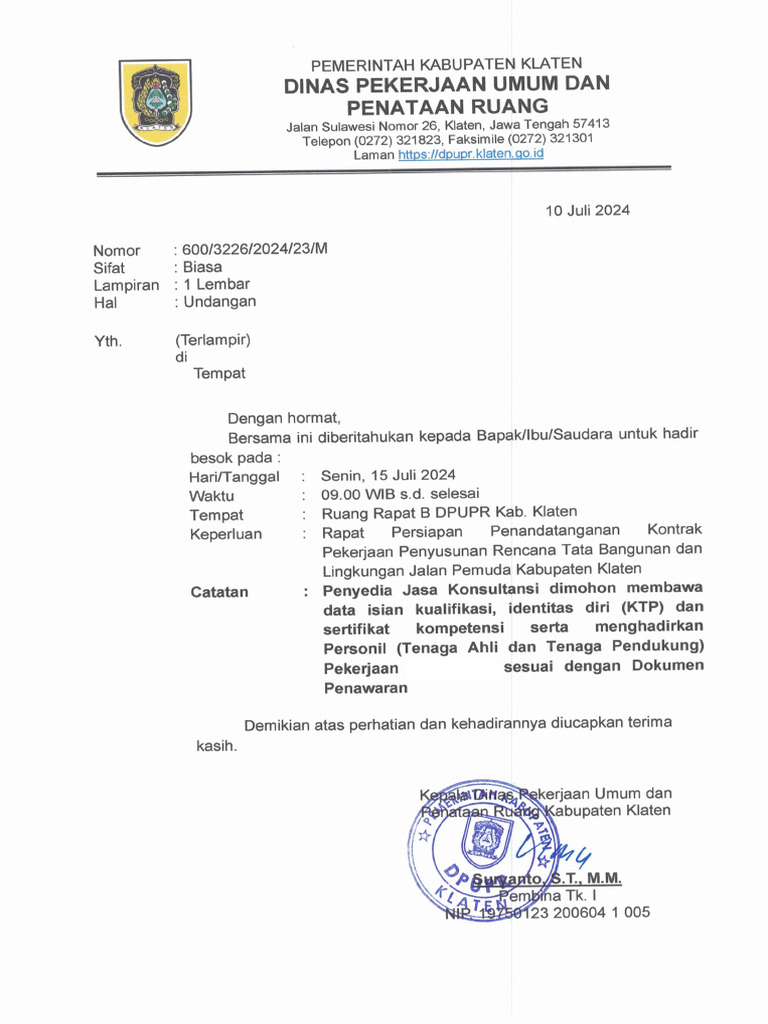 2024 Undangan Rapat Persiapan TTD Kontrak RTBL 15 Juli 2024 | PDF