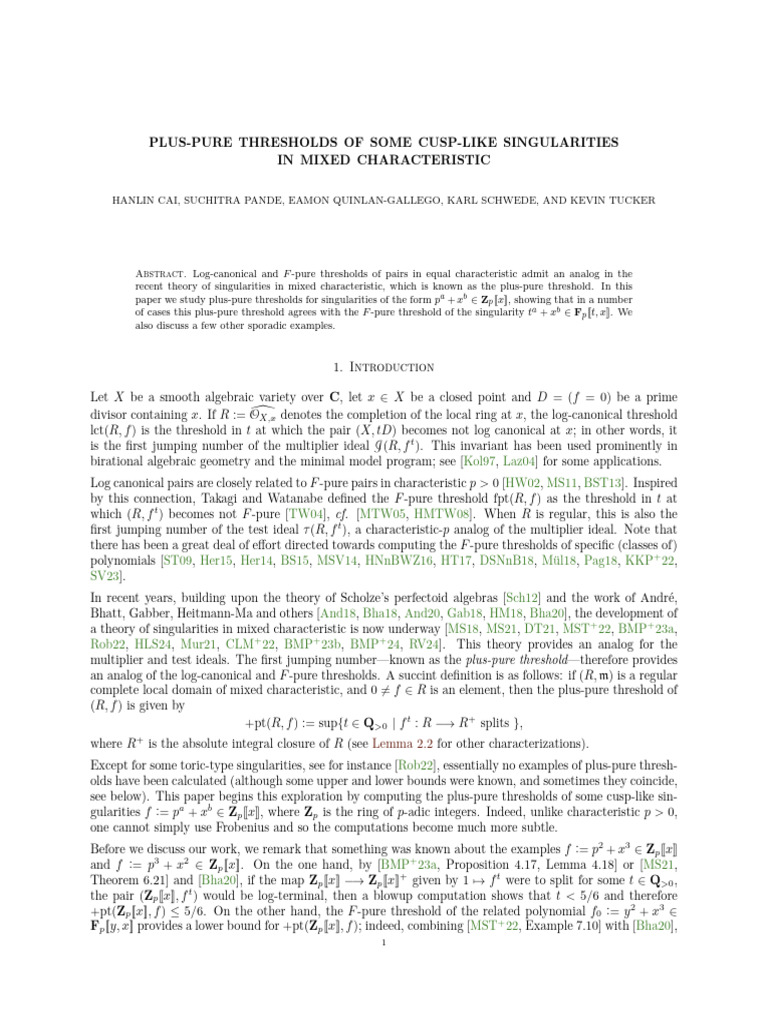 PLUS-PURE THRESHOLDS OF SOME CUSP-LIKE SINGULARITIES IN MIXED CHARACTERISTIC | PDF | Ring ...