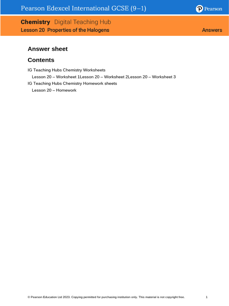 IG Chemistry Lesson20 Answer | PDF | Chlorine | Iodine