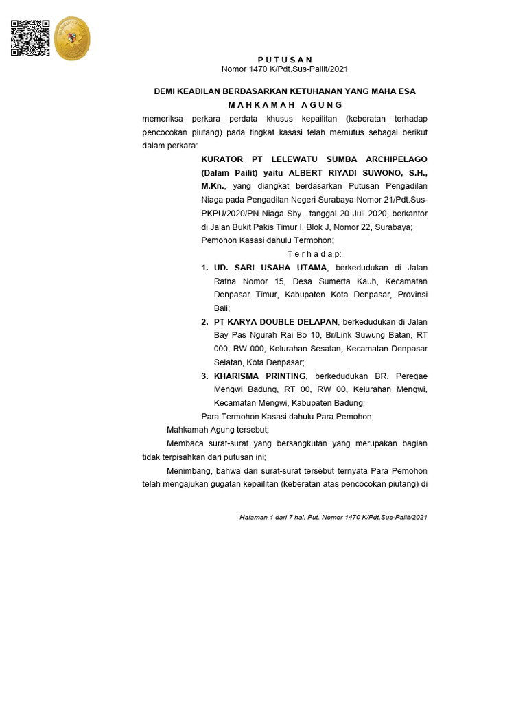 Putusan 1470 K PDT - Sus-Pailit 2021 20220318 | PDF