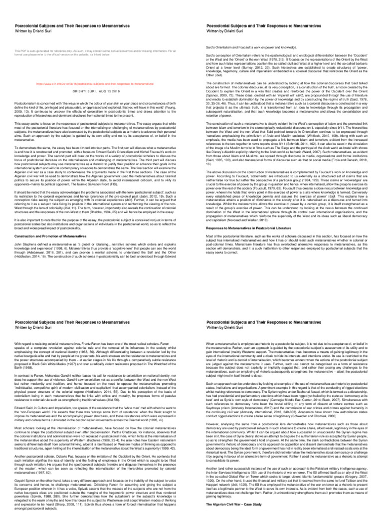 Postcolonial Subjects and Their Responses To Metanarratives | PDF ...