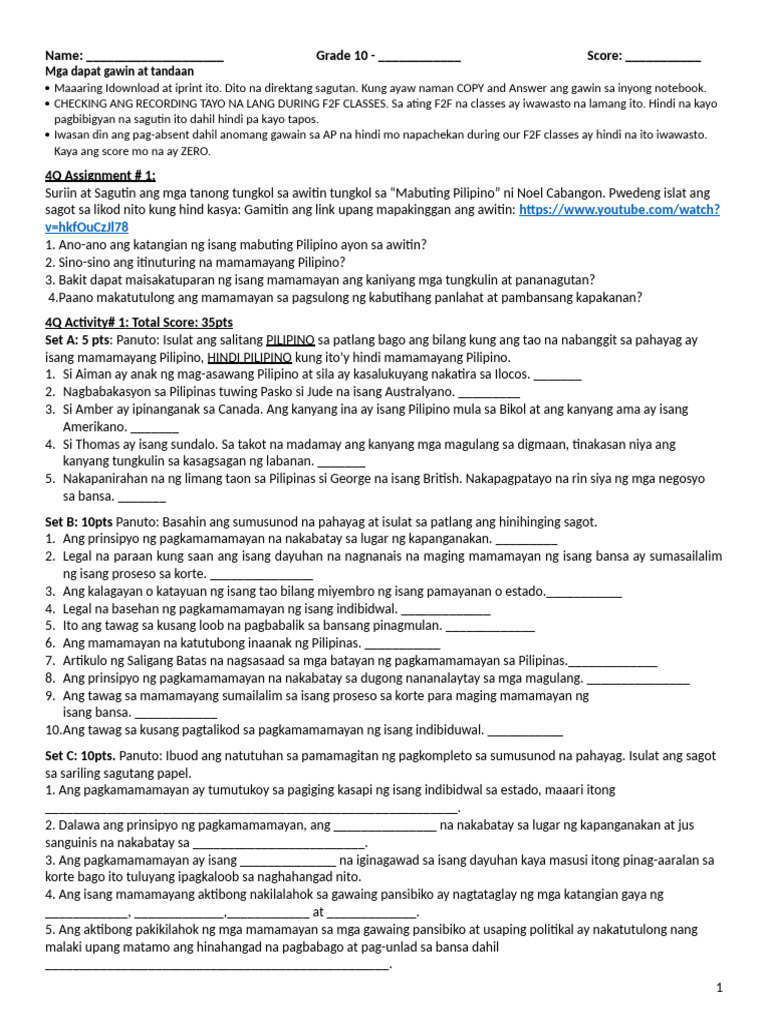 Ap 1 Ass Act Quiz 4Q G10 | PDF