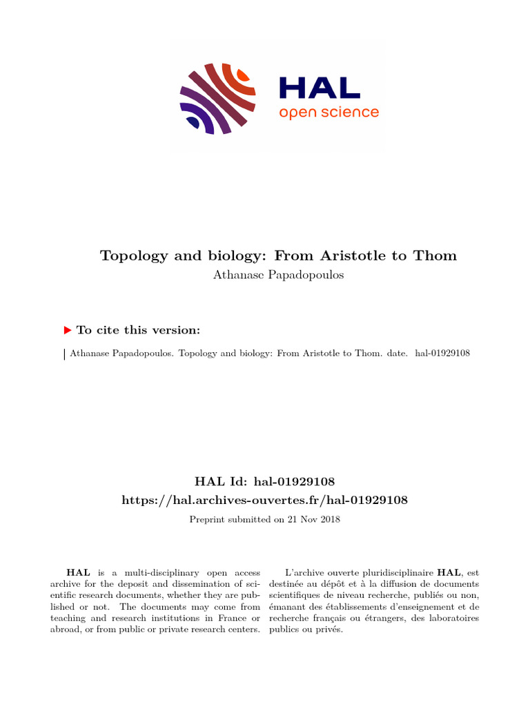 Athanase Papadopoulos Topology and biology from Aristotle ot Thom HAL ...