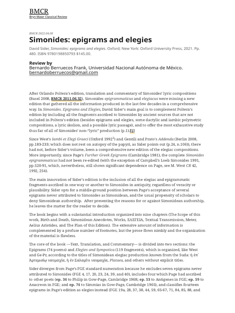 Simonides: Epigrams and Elegies Review | PDF | Phonaesthetics