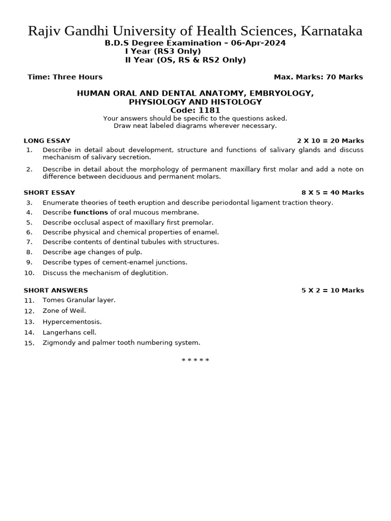 Bds - 1181 - Dental Anatomy Embryology and Oral Histology - Dattp (April-2024) - April-2024 (Apr ...