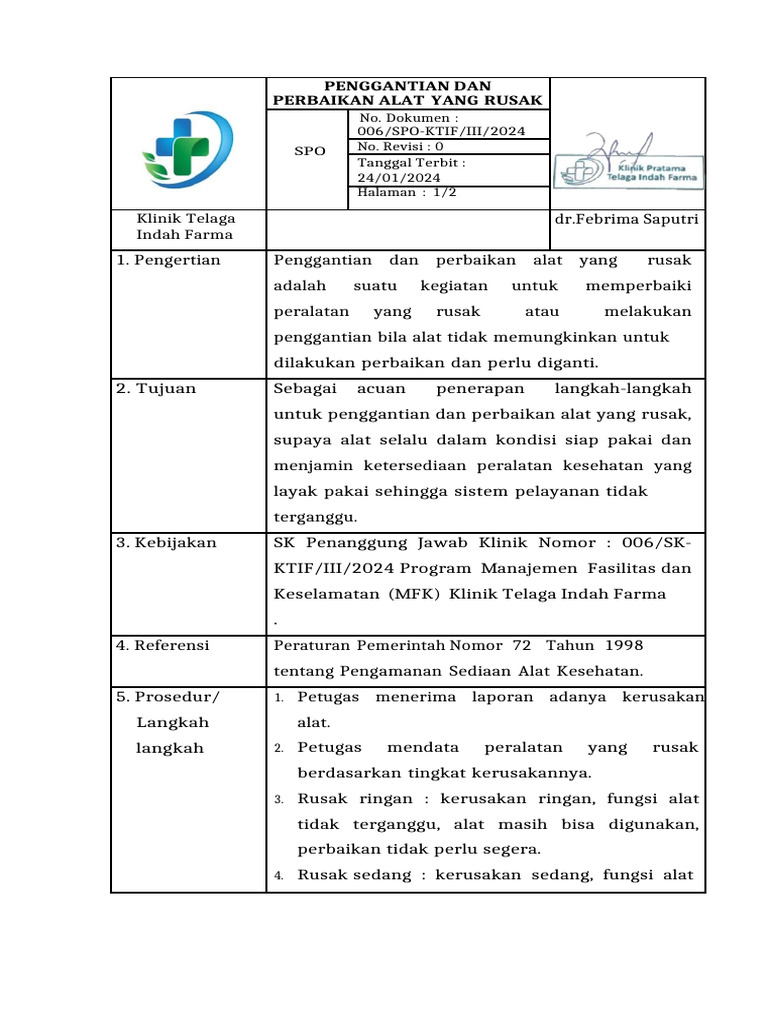 Prosedur Perbaikan Alat Kesehatan Klinik | PDF