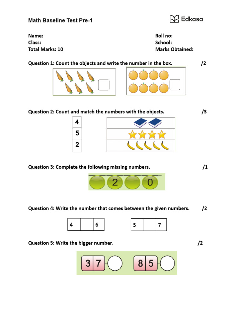 Grade 1 Math Baseline Assessment | PDF