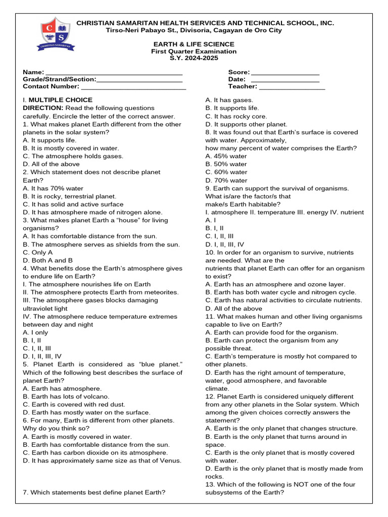 1ST Quarter Exam Earth Life Science Earth Science - Final | PDF | Rock ...