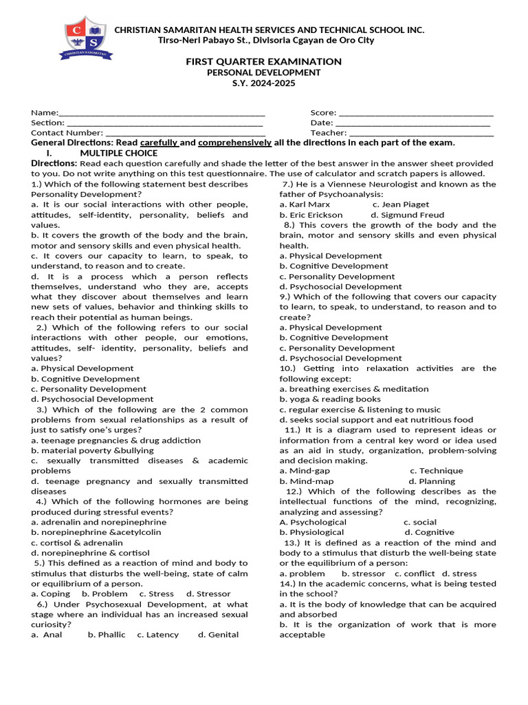 Personal Development Exam Questions | PDF | Identity (Social Science ...