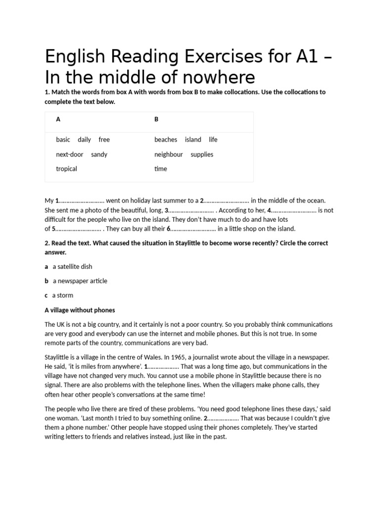 A1 English Reading Exercises: Collocations & Comprehension | PDF ...