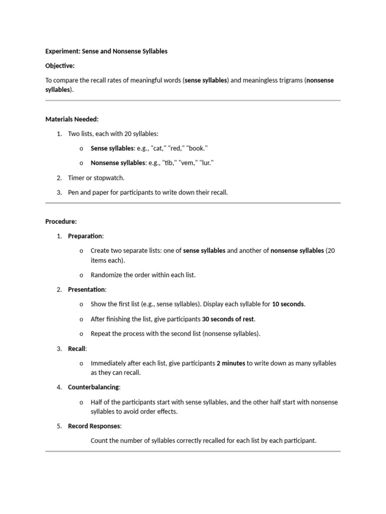 Recall Rates of Sense vs. Nonsense Syllables | PDF