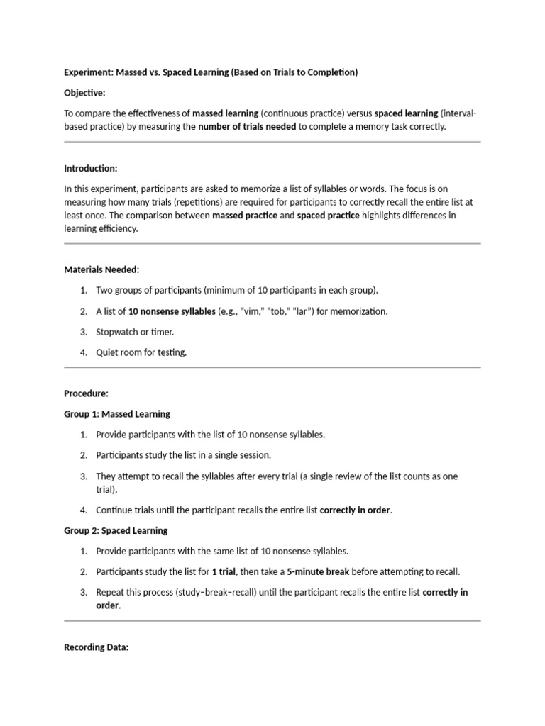 Experiment Massed vs. Spaced Learning (1) | PDF | Learning | Memory