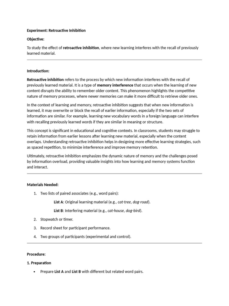 Experiment Retroactive Inhibition (1) | PDF | Recall (Memory) | Memory