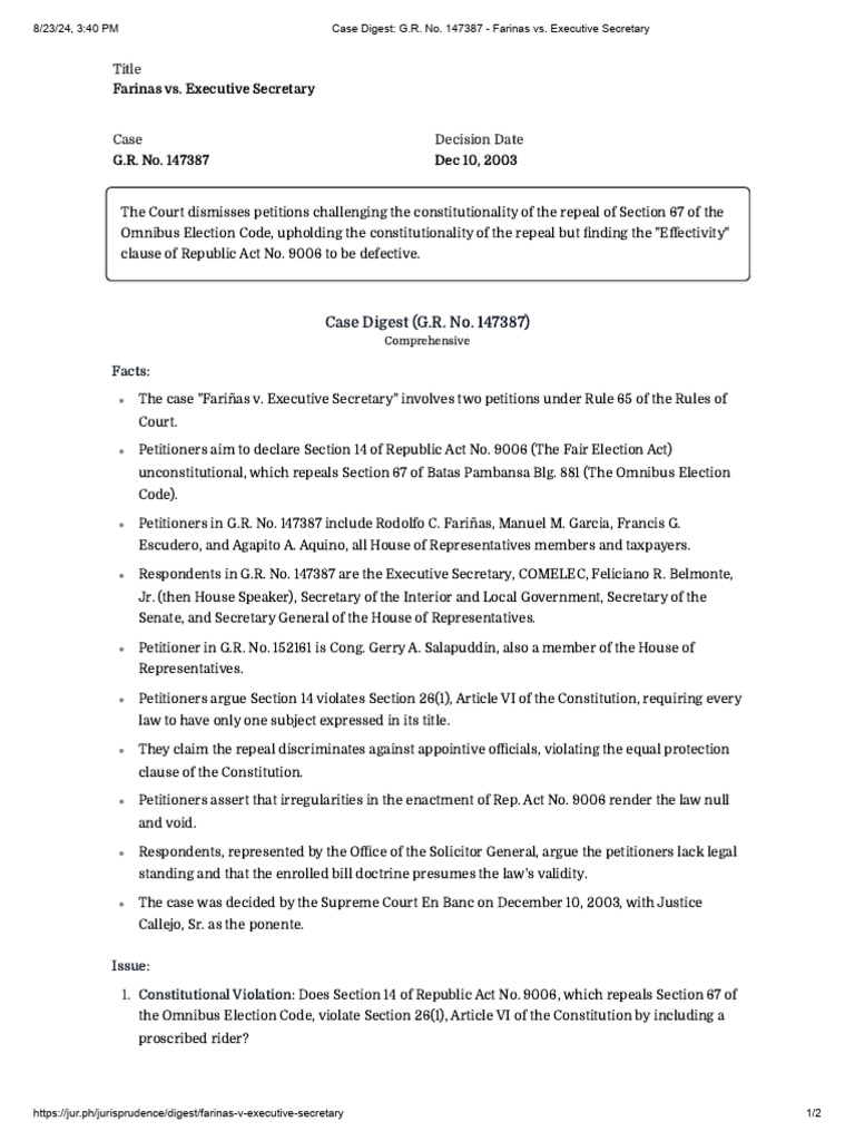 Farinas v. Executive Secretary Ruling Summary | PDF | Equal Protection ...