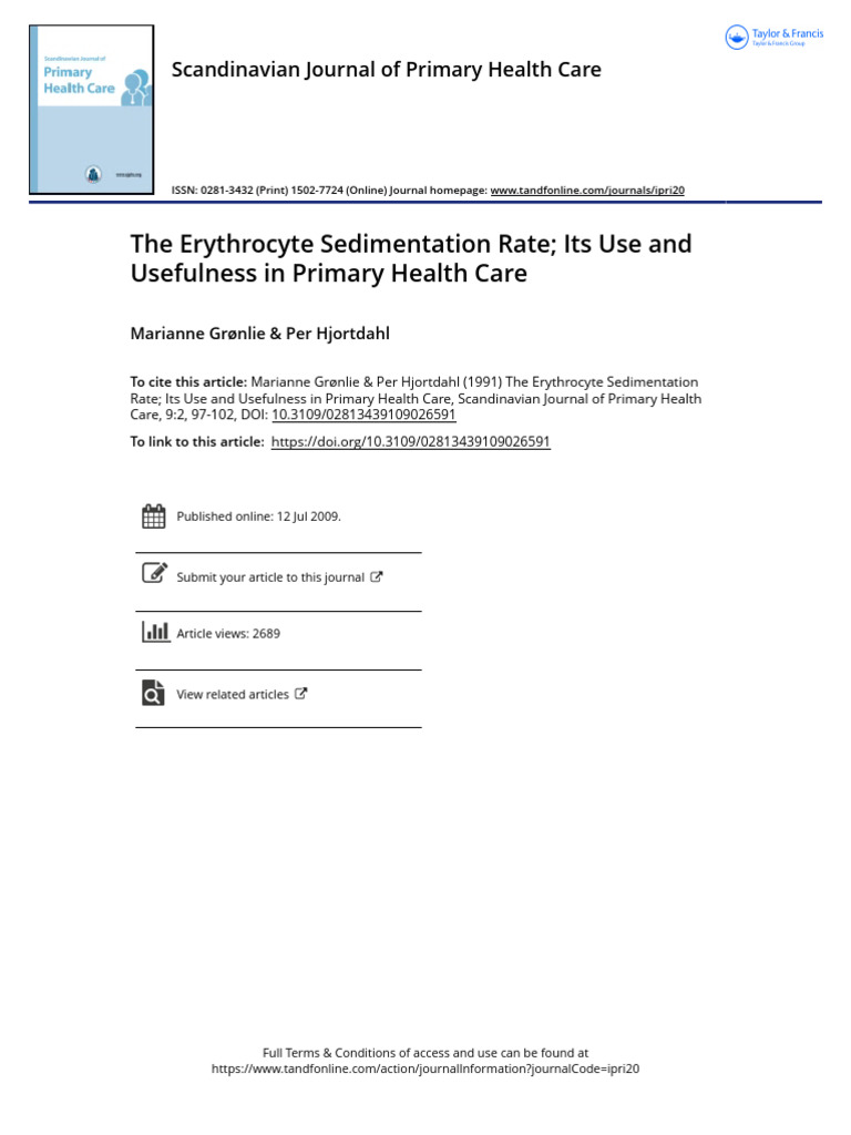 The Erythrocyte Sedimentation Rate Its Use and Usefulness in Primary ...