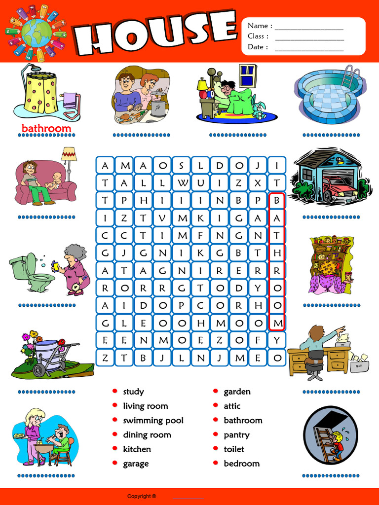 Parts of the House Esl Vocabulary Word Search Worksheet for Kids | PDF