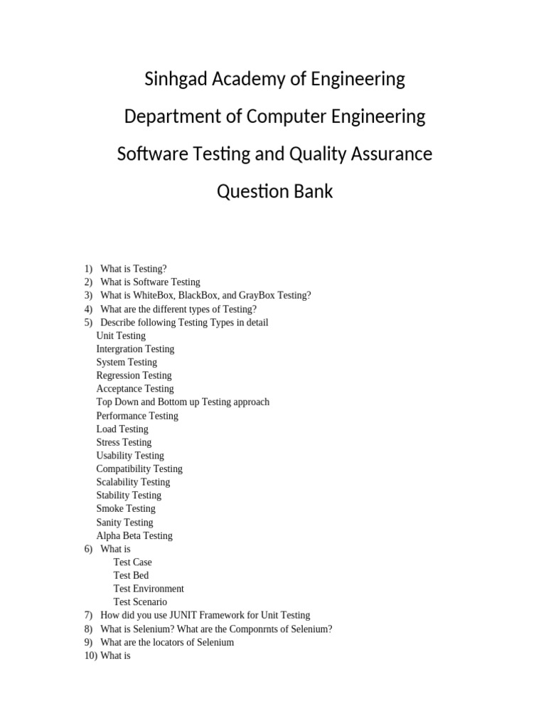 QuestionBank For Software Testing and Quality Assurance | PDF ...