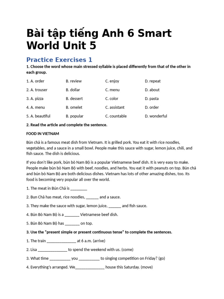 Practice Exercises Unit 5 | PDF | Vietnamese Cuisine | Southeast Asian Cuisine