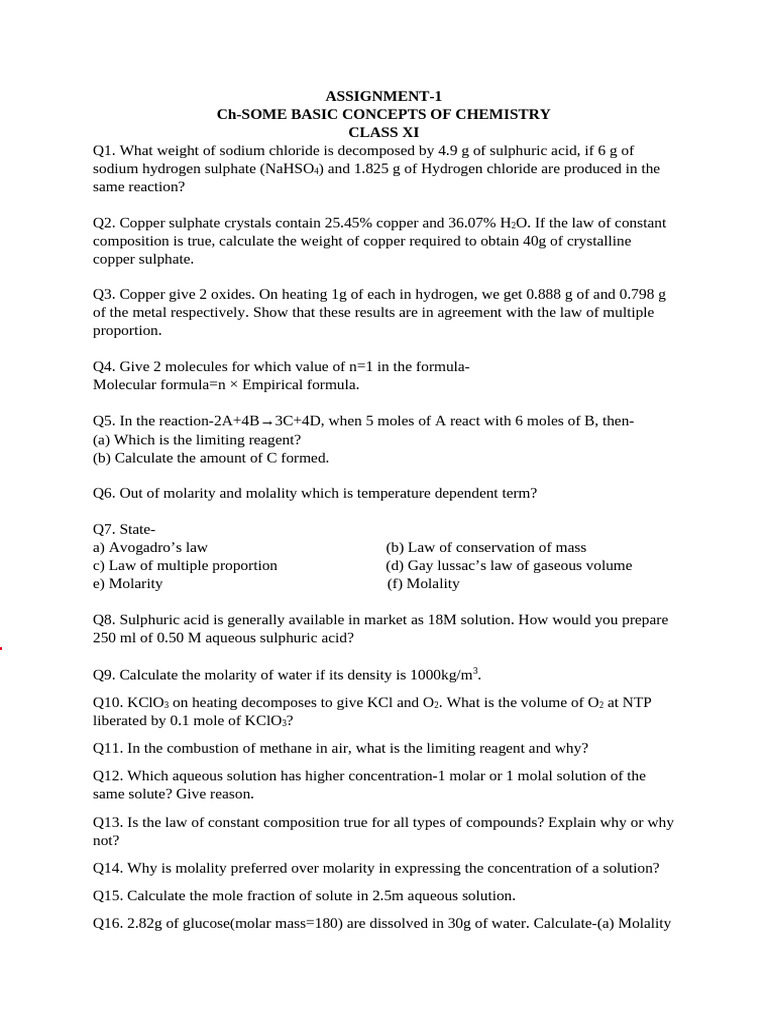 ASSIGNMENT 1- BASIC CONCEPTS OF CHEMISTRY | PDF | Mole (Unit) | Molecules