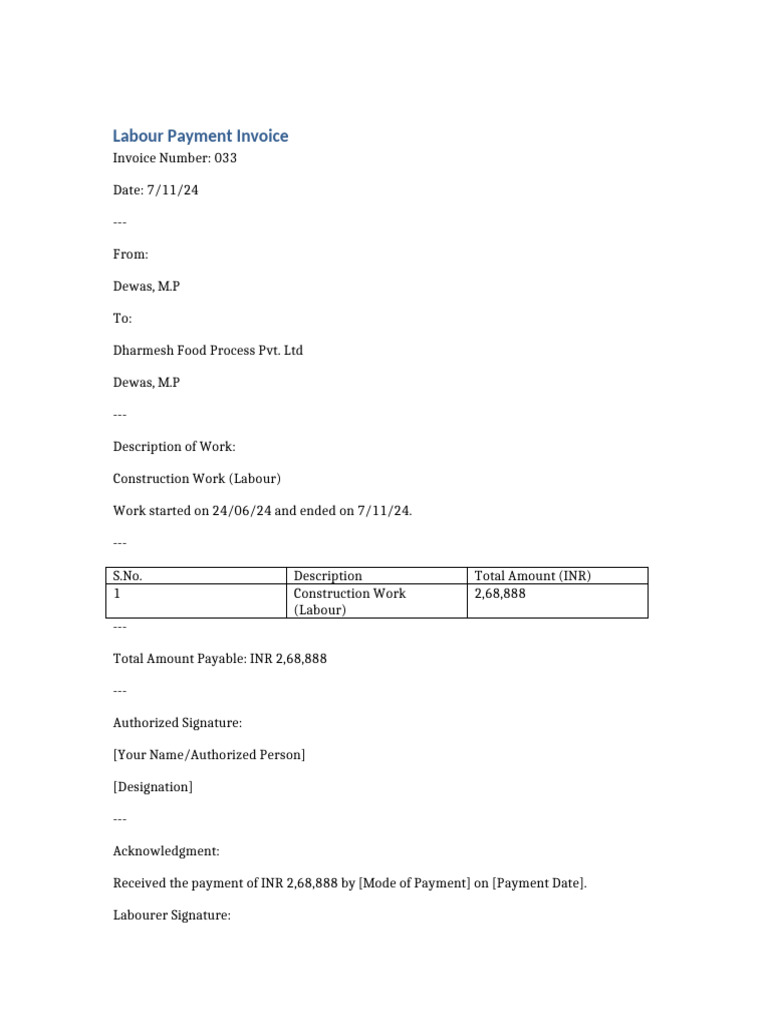 Labour Payment Invoice Javed Khan | PDF
