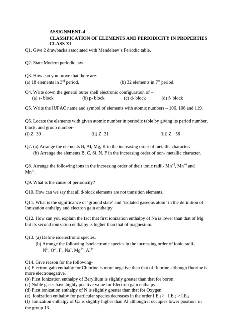 CLASSIFICATION OF ELEMENTS ASSIGNMENT | PDF | Periodic Table | Chemical ...