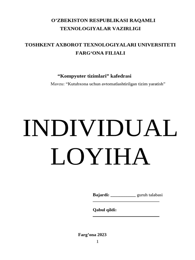 Abduvali Kutubxona Uchun Loyiha Ishi | PDF