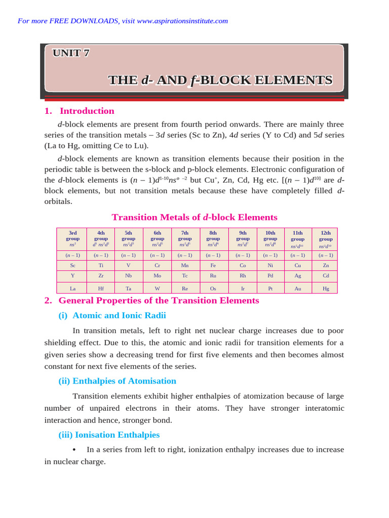 CBSE Class 12 Chem Notes Question Bank The D and F Block Elements PDF ...
